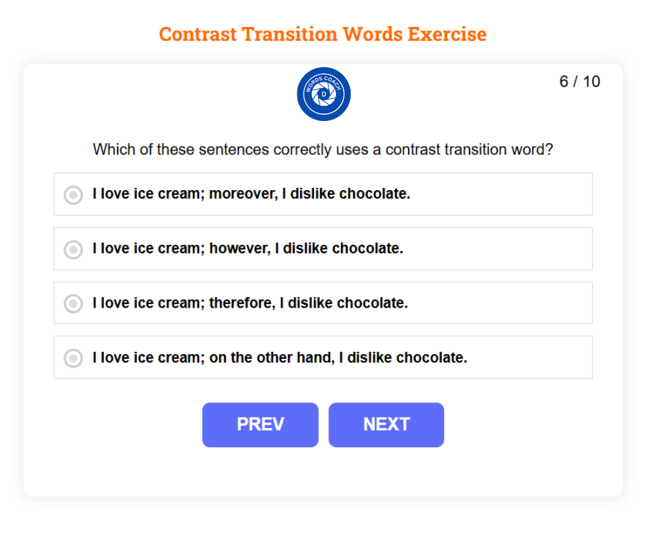 Contrast Transition Words Exercise - Word Coach Contrast Transition Words Exercise - Word Coach